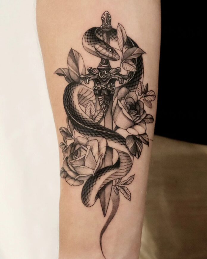 An Ode To Your Bravery: 24 Snake With Flowers Tattoo Designs